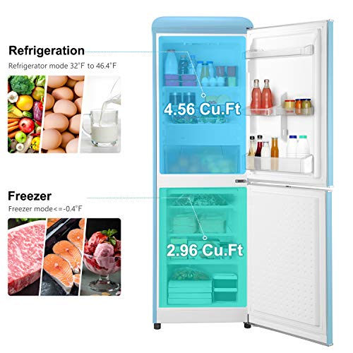 Galanz GLR74BBER12 Retro Refrigerator with Bottom Mount Freezer Frost Free, Dual Door Fridge, Adjustable Electrical Thermostat Control, 7.4 Cu Ft, Blue