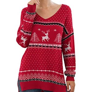 GRECERELLE Women's Fall and Winter Long Sleeve Side Split Loose Casual Pullover Christmas Sweater Tunic Tops FP Xmas Elk Red-Large