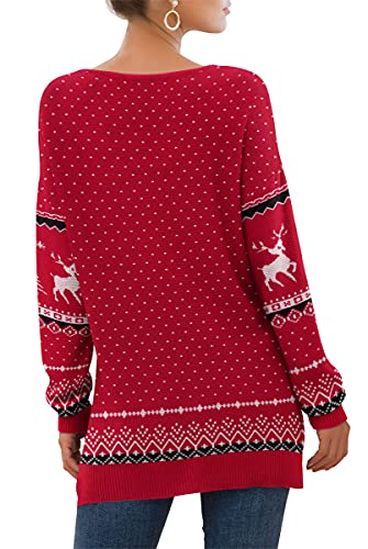 GRECERELLE Women's Fall and Winter Long Sleeve Side Split Loose Casual Pullover Christmas Sweater Tunic Tops FP Xmas Elk Red-Large