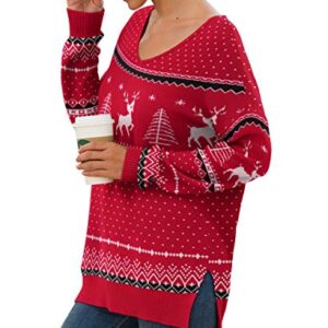 GRECERELLE Women's Fall and Winter Long Sleeve Side Split Loose Casual Pullover Christmas Sweater Tunic Tops FP Xmas Elk Red-Large