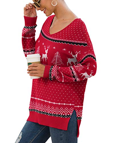 GRECERELLE Women's Fall and Winter Long Sleeve Side Split Loose Casual Pullover Christmas Sweater Tunic Tops FP Xmas Elk Red-Large