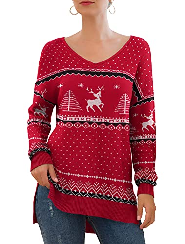 GRECERELLE Women's Fall and Winter Long Sleeve Side Split Loose Casual Pullover Christmas Sweater Tunic Tops FP Xmas Elk Red-Large