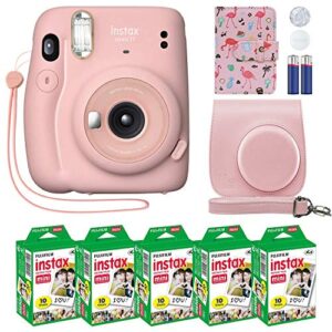 fujifilm instax mini 11 instant camera blush pink + custom case + fuji instax film value pack (50 sheets) flamingo designer photo album for photos