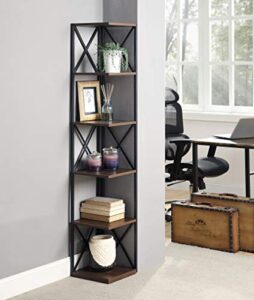 raamzo 6-tier industrial wall corner bookshelf bookcase display storage rack accent etagere with x-design in walnut finish and black frame