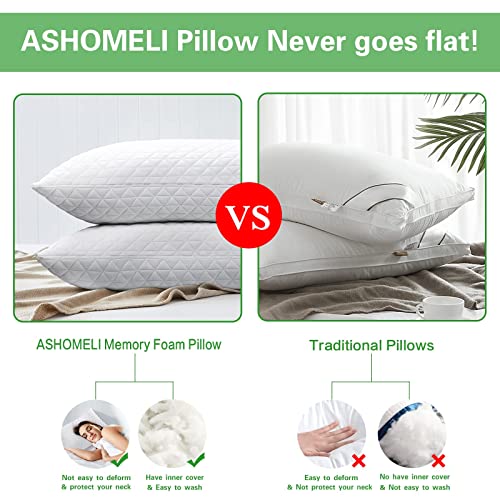 ASHOMELI Pillows Standard 2 Pack Shredded Memory Foam Pillows Cooling Adjustablefor Sleeping Good for Side and Back Sleeper with Washable Removable Bamboo Cover