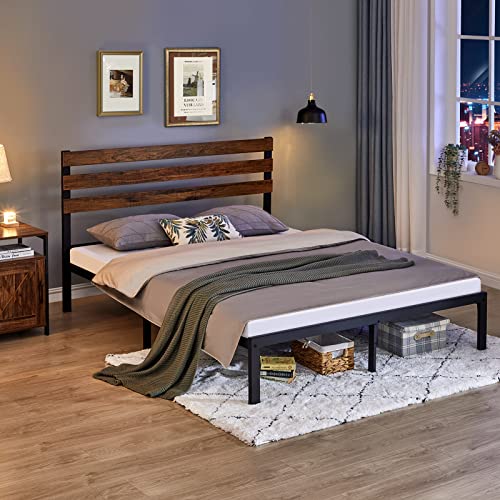 GreenForest Full Size Bed Frame with Wooden Headboard Platform Bed with Metal Support Slats NO-Noise Heavy Duty Bed Industrial Country Style, Mattress Foundation, Full