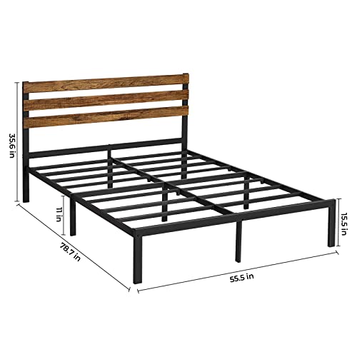 GreenForest Full Size Bed Frame with Wooden Headboard Platform Bed with Metal Support Slats NO-Noise Heavy Duty Bed Industrial Country Style, Mattress Foundation, Full