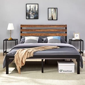 GreenForest Full Size Bed Frame with Wooden Headboard Platform Bed with Metal Support Slats NO-Noise Heavy Duty Bed Industrial Country Style, Mattress Foundation, Full