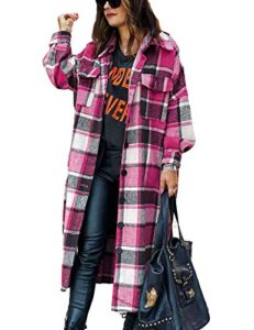 omoone women's lounge lapel button up long sleeve plaid long shirt jacket shacket(o1766-rosered-xxl)