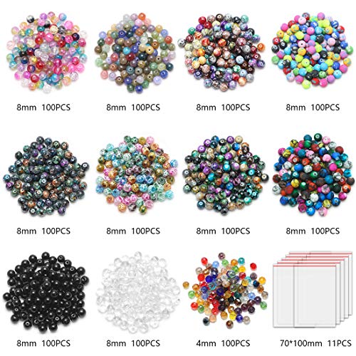 Glass Beads for Jewelry Making,1100Pcs 83 Different Round Beads Include Crystals & Gemstone Beads, Crackle & Patterns Beads, Spacer Beads for DIY Bracelet Earring Necklace (8mm)