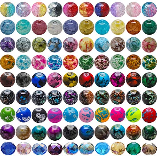 Glass Beads for Jewelry Making,1100Pcs 83 Different Round Beads Include Crystals & Gemstone Beads, Crackle & Patterns Beads, Spacer Beads for DIY Bracelet Earring Necklace (8mm)