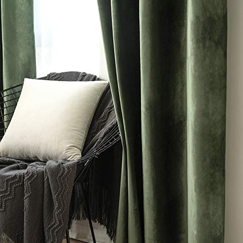 MIULEE Velvet Curtains Olive Green Elegant Grommet Curtains Thermal Insulated Soundproof Room Darkening Curtains/Drapes for Classical Living Room Bedroom Decor 52 x 84 Inch Set of 2