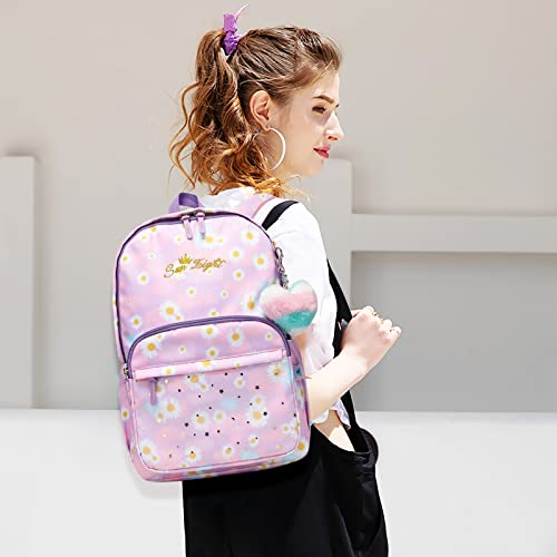 Caran·Y Girls Backpack for Kid in Waterproof Elementary Large space Love decoration Starry Pattern School Bookbag Boys Girls Fit Over 6 Years Old Girls Book Bag（Purple）