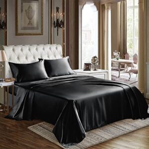 cozylux satin sheets queen size - 4 piece black bed sheet set with silky microfiber, 1 deep pocket fitted sheet, 1 flat sheet, and 2 pillowcases - smooth and soft