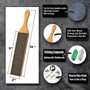 LAVODA Leather Strop for Knife Sharpening with Polishing Compound Paddle Strop Double-sided Strop Kit 14" x 2" Knife Stropping Block for Honing Woodworking Pocket Fnives, Folding knife