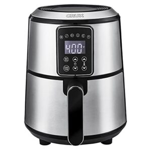 crux 3qt digital air fryer, faster pre-heat, no-oil frying, fast healthy evenly cooked meal every time, dishwasher safe non stick pan and crisping tray for easy clean up, stainless steel