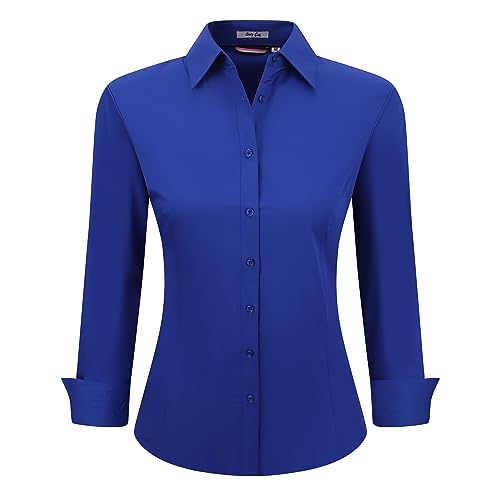 Womens Button Down Shirts Long Sleeve Regular Fit Basic Simple Stretch Work Blouse Royal Blue XXL