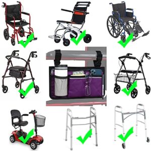 Wheelchair Side Organizer Storage Bag Armrest Pouch with Cup Holder and Reflective Strip, for Most Wheelchairs, Walkers or Rollators (Purple)