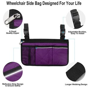 Wheelchair Side Organizer Storage Bag Armrest Pouch with Cup Holder and Reflective Strip, for Most Wheelchairs, Walkers or Rollators (Purple)