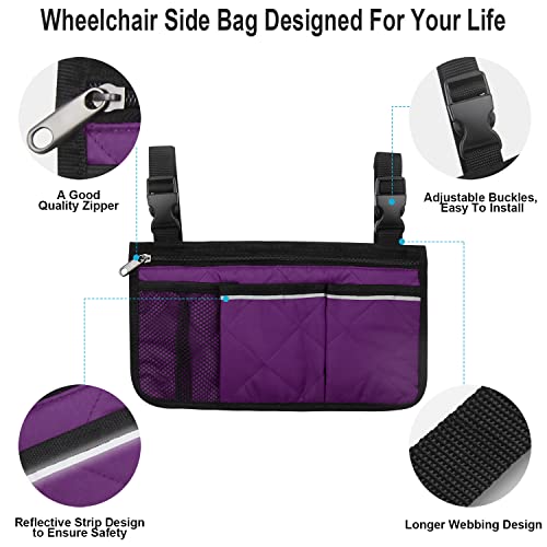 Wheelchair Side Organizer Storage Bag Armrest Pouch with Cup Holder and Reflective Strip, for Most Wheelchairs, Walkers or Rollators (Purple)