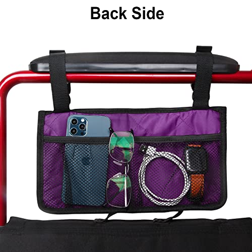 Wheelchair Side Organizer Storage Bag Armrest Pouch with Cup Holder and Reflective Strip, for Most Wheelchairs, Walkers or Rollators (Purple)