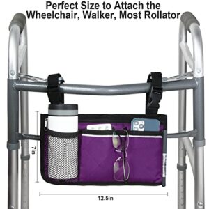 Wheelchair Side Organizer Storage Bag Armrest Pouch with Cup Holder and Reflective Strip, for Most Wheelchairs, Walkers or Rollators (Purple)