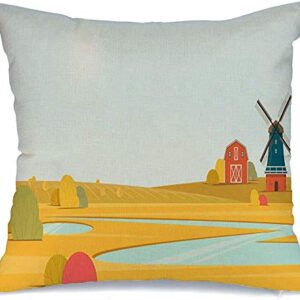 Decorative Linen Throw Pillow Cover Cushion Case Grain Wind Rural Design Summer with Farm Land Landscape Harvest Village Old Windmill Parks Outdoor Farmhouse Pillowcase for Car Couch 16x16 Inch