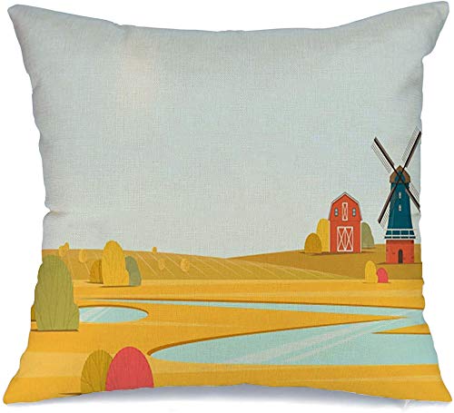 Decorative Linen Throw Pillow Cover Cushion Case Grain Wind Rural Design Summer with Farm Land Landscape Harvest Village Old Windmill Parks Outdoor Farmhouse Pillowcase for Car Couch 16x16 Inch