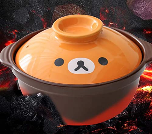 Korean Premium Cartoon Pattern Ceramic Brown Casserole Clay Pot with Lid,For Cooking Hot Pot Dolsot Bibimbap and Soup (9in,64oz)