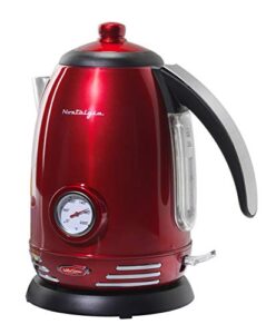 nostalgia retro stainless steel electric tea and water kettle, 1.7 liters, auto-shut off & boil-dry protection, water level indicator window, red