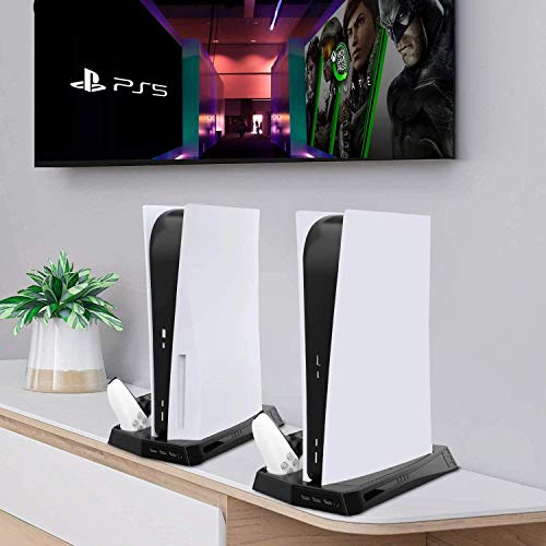 Vertical Stand with Cooling Fan for Playstation 5 and PS5 Digital Edition, Dual Controller Charging Station Horizontal Organizer with 3 USB Hub for DualSense 5…