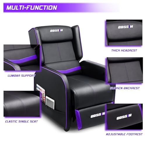 BOSSIN Gaming Recliner Chair for Adults 400lbs Racing Style Sofa Big and Tall PU Leather Recliner Seating Modern Ergonomic Lounge Recliner Chair Comfortable Home Movie Theater for Living Room(Purple)