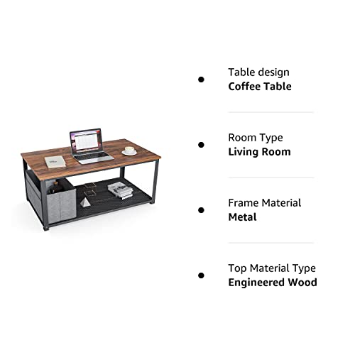 CubiCubi 40.8" x 22.8" Coffee Table with Moveable Storage Box for Living Room, Wood Look Accent Furniture with Metal Frame, Easy Assembly, Deep Brown