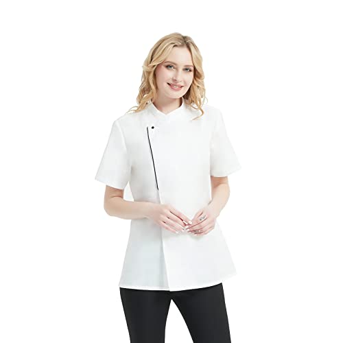 TOPTIE Women's Chef Coat with Contrast Piping Short Sleeve Chef Jacket White