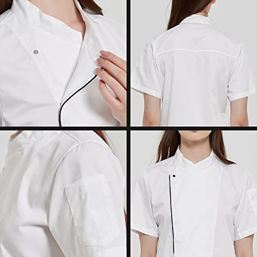 TOPTIE Women's Chef Coat with Contrast Piping Short Sleeve Chef Jacket White