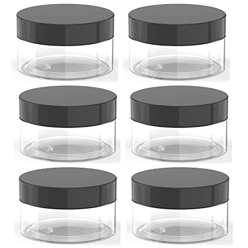 2oz Plastic Cosmetic Jars Leak Proof Clear Container with Black Lid for Cream, Lotion, Powder, ointment, Beauty Products etc, 6 Pcs.