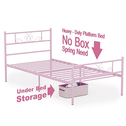 Weehom Metal Platform Bed Frame with Headboard and Footboard Under Storage 12.7Inch Twin Size Beds Mattress Foundation Pink