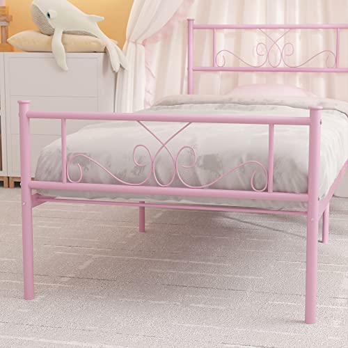 Weehom Metal Platform Bed Frame with Headboard and Footboard Under Storage 12.7Inch Twin Size Beds Mattress Foundation Pink