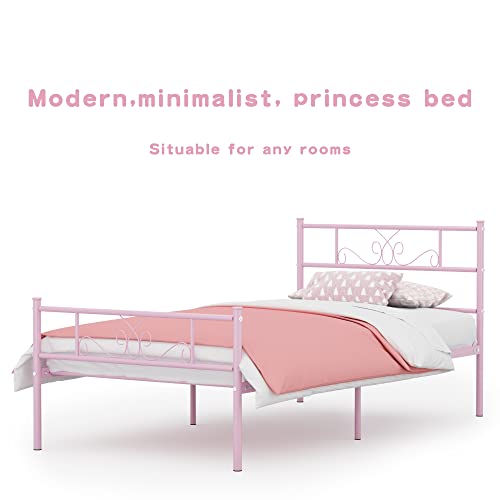 Weehom Metal Platform Bed Frame with Headboard and Footboard Under Storage 12.7Inch Twin Size Beds Mattress Foundation Pink