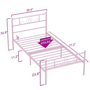 Weehom Metal Platform Bed Frame with Headboard and Footboard Under Storage 12.7Inch Twin Size Beds Mattress Foundation Pink