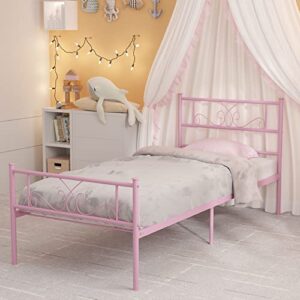 Weehom Metal Platform Bed Frame with Headboard and Footboard Under Storage 12.7Inch Twin Size Beds Mattress Foundation Pink