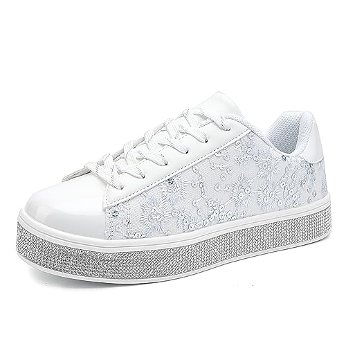 UUBARIS Women's Glitter Tennis Sneakers Floral Dressy Sparkly Sneakers Rhinestone Bling Wedding Bridal Shoes Shiny Sequin Shoes White Size 8