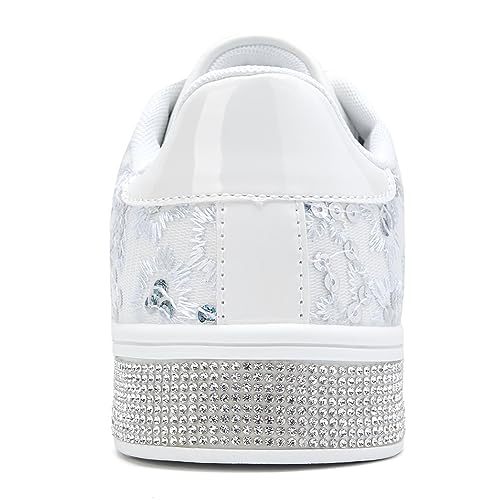 UUBARIS Women's Glitter Tennis Sneakers Floral Dressy Sparkly Sneakers Rhinestone Bling Wedding Bridal Shoes Shiny Sequin Shoes White Size 8