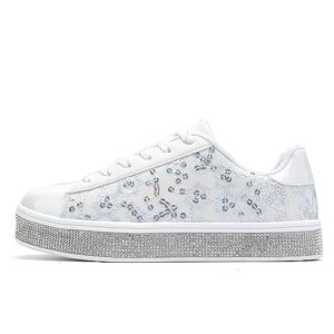 UUBARIS Women's Glitter Tennis Sneakers Floral Dressy Sparkly Sneakers Rhinestone Bling Wedding Bridal Shoes Shiny Sequin Shoes White Size 8