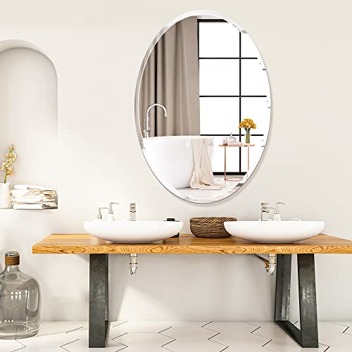 Villacola Oval Bathroom Mirror for Wall 24x36 Inch Beveled Edge Frameless Mirror in Entryway Washroom Living Room