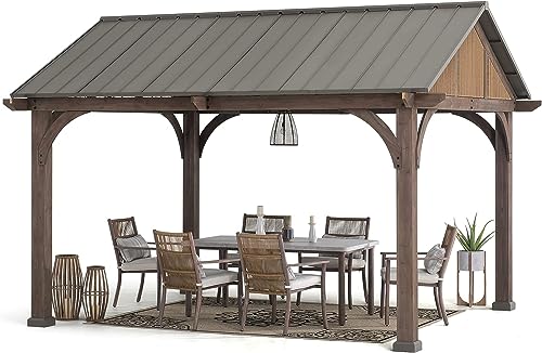 Sunjoy 12 x 14 ft. Hardtop Gazebo Premium Brown Cedar Wood Frame Gable Roof Gazebo with Ceiling Hook by SummerCove