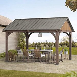 Sunjoy 12 x 14 ft. Hardtop Gazebo Premium Brown Cedar Wood Frame Gable Roof Gazebo with Ceiling Hook by SummerCove