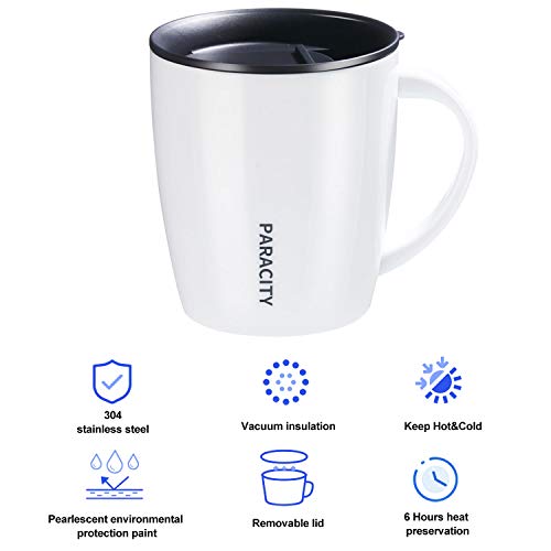 PARACITY Stainless Steel Coffee Mug Insulated Coffee Mug with Lid and Handle Double Wall Vacuum Travel mug Tumbler Cup Great for Hot and Cold Beverages 12 oz White