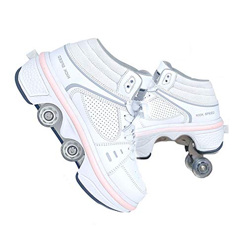 LDTXH Automatic Walking Shoes Invisible Roller Skate, 2-in-1 Parkour Shoes/Inline Roller Skating Shoes, Double-Row Quad Roller Skates Outdoor Sports Kick Rollershoes,White with Light,7.5