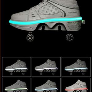 LDTXH Automatic Walking Shoes Invisible Roller Skate, 2-in-1 Parkour Shoes/Inline Roller Skating Shoes, Double-Row Quad Roller Skates Outdoor Sports Kick Rollershoes,White with Light,7.5